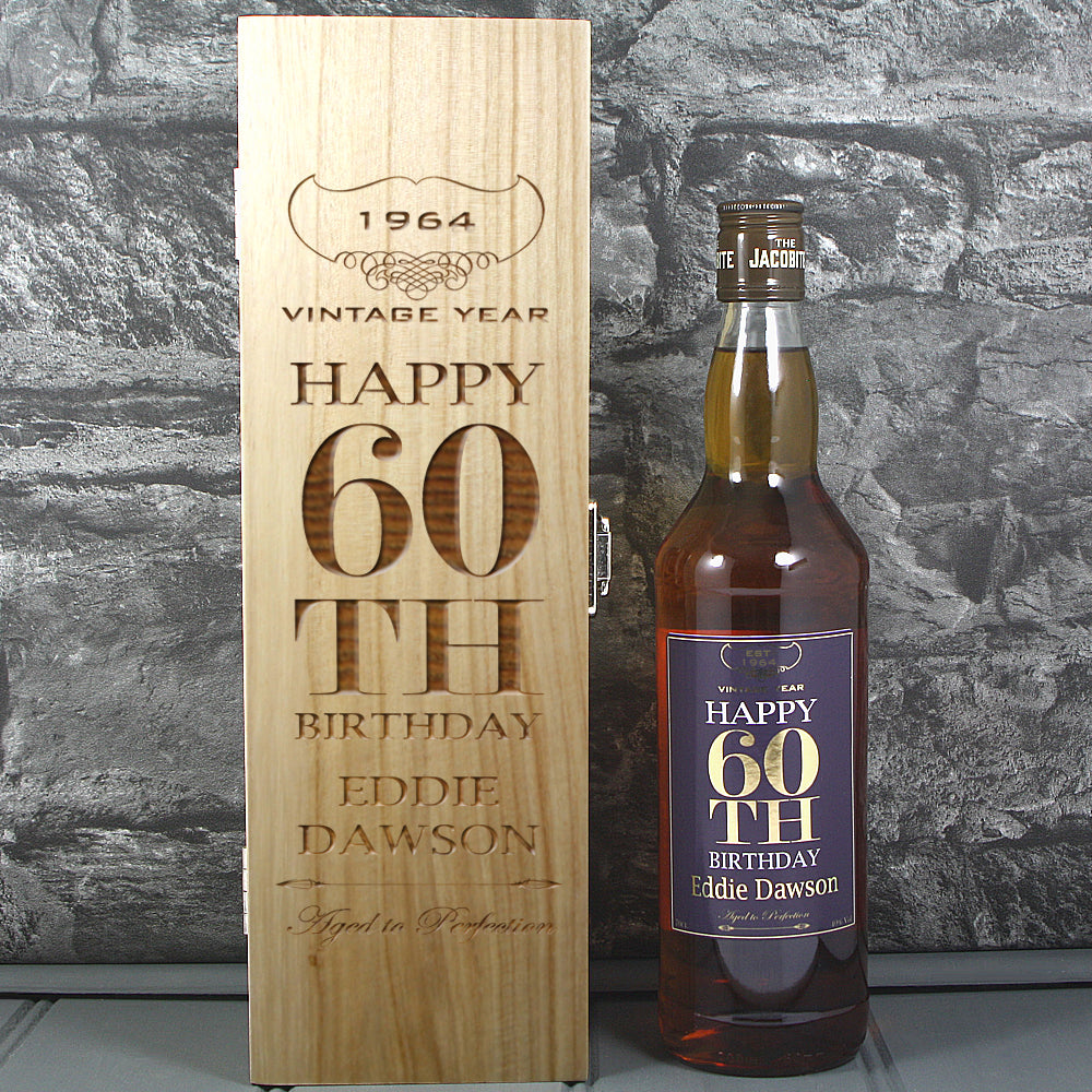 Happy 60th Birthday Single Wooden Box and Personalised Whisky Bottle ...